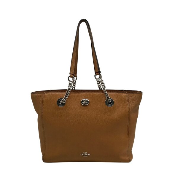 Coach | Bags | Coach Tan Pebbled Leather Turnlock Chain Tote 27 577 ...